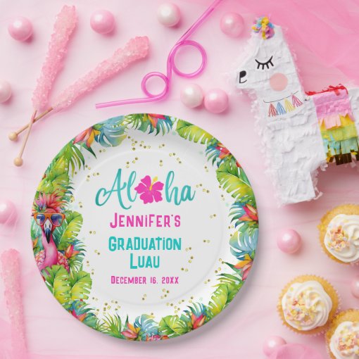Tropical Aloha Flamingo Graduation Luau Paper Plates | Zazzle