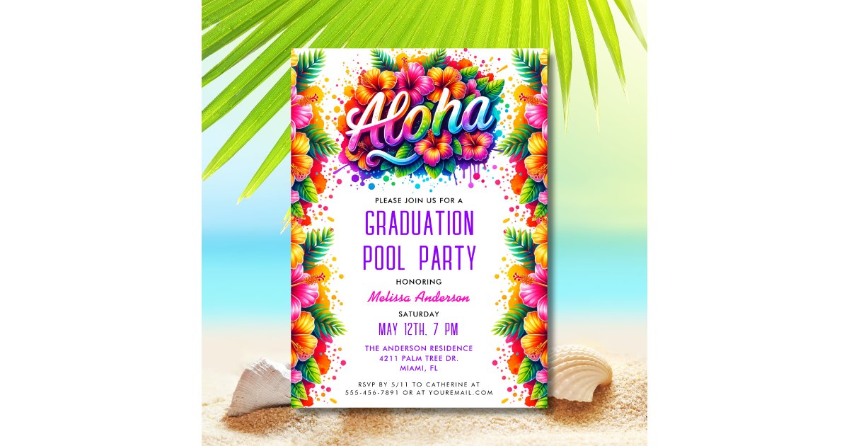 Tropical Aloha Graduation Pool Party Invitation | Zazzle