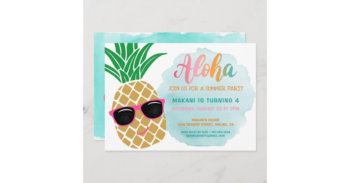 Tropical Aloha Pineapple Watercolor Birthday Invitation | Zazzle