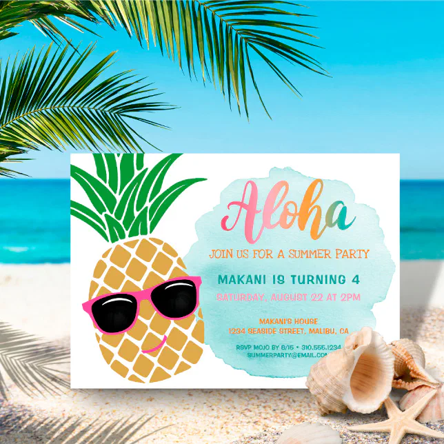 Tropical Aloha Pineapple Watercolor Birthday Invitation | Zazzle