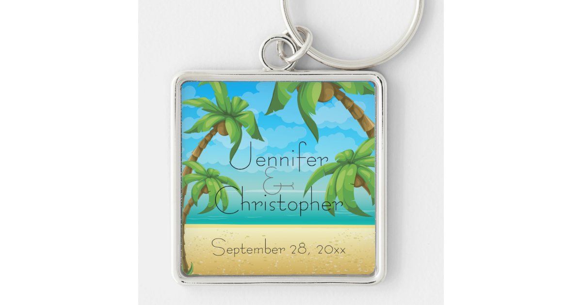 Tropical Beach and Palm Trees Wedding Memento Keychain | Zazzle