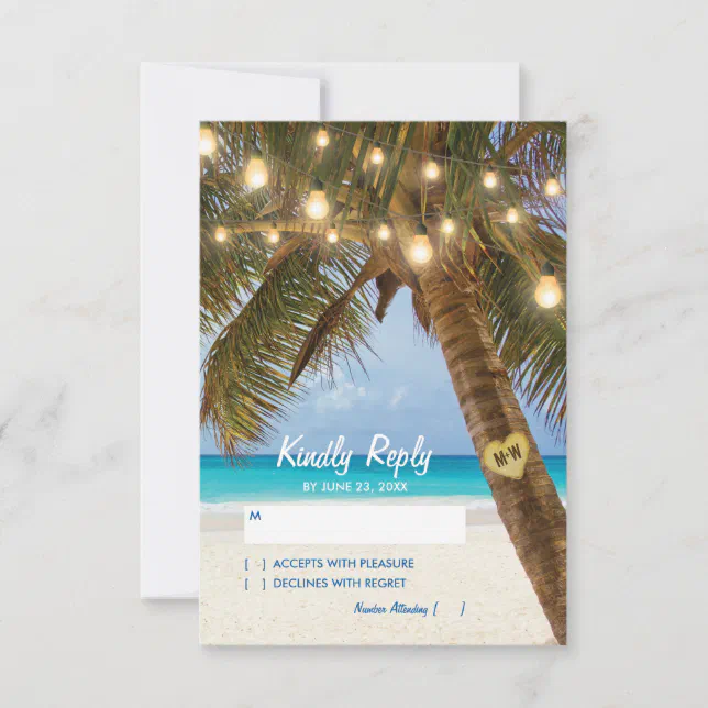 Tropical Beach and String Lights Wedding RSVP Card | Zazzle