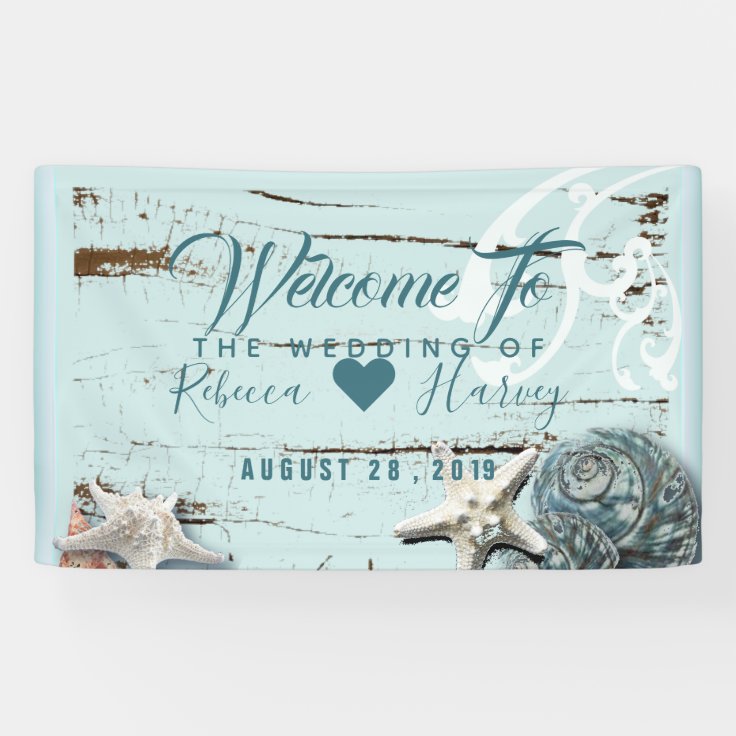 tropical beach aqua blue seashell wedding banner | Zazzle