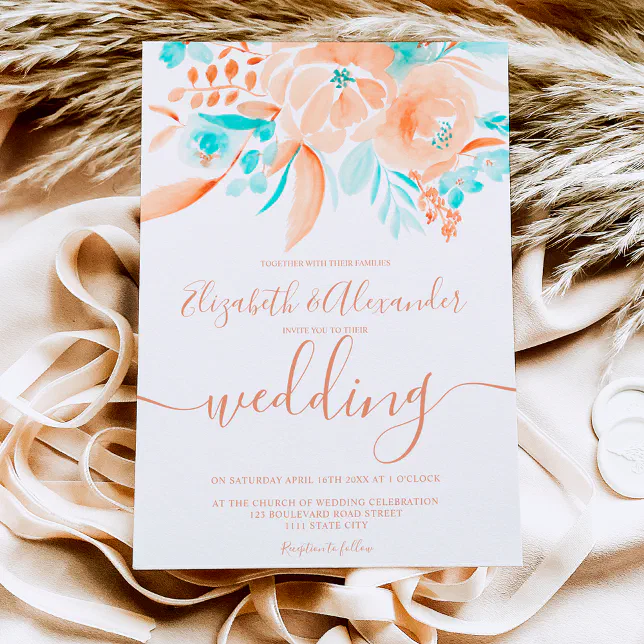 Tropical beach blue coral floral chic wedding invitation | Zazzle