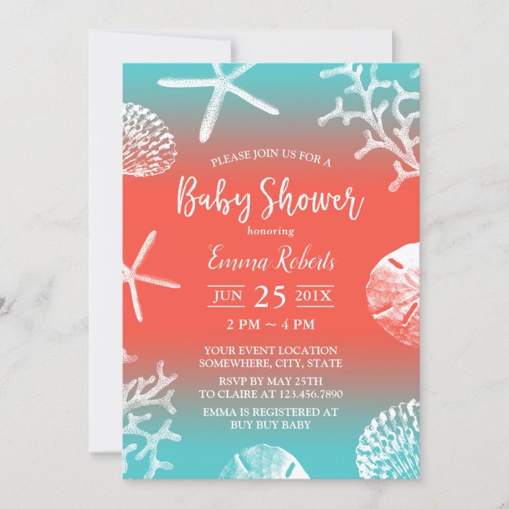 Tropical Beach Coral Reef Teal & Red Baby Shower Invitation | Zazzle