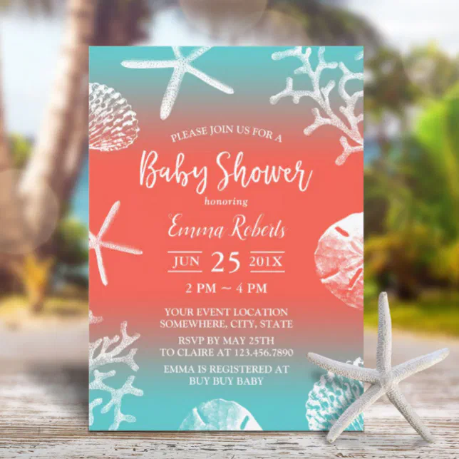 Tropical Beach Coral Reef Teal & Red Baby Shower Invitation | Zazzle