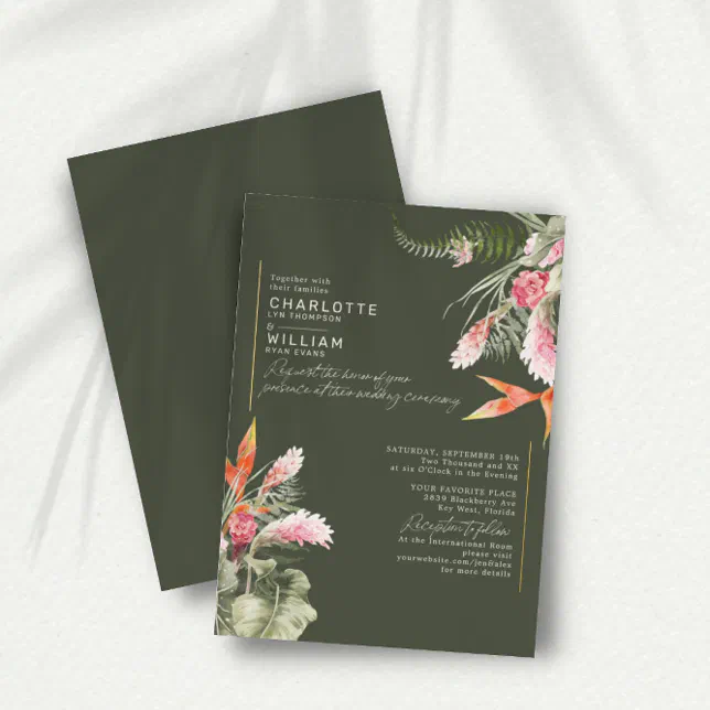 Tropical Beach Floral Dark Green Wedding Gold Foil Invitation | Zazzle