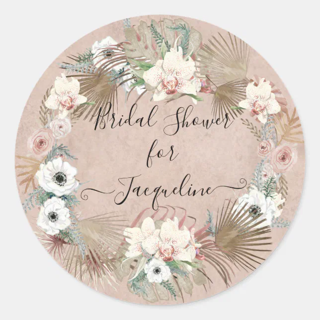 Tropical Beach Floral Greenery Foliage Bridal Classic Round Sticker ...