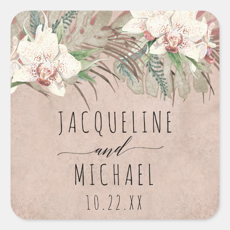 Tropical Beach Floral Greenery Foliage Wedding Square Sticker | Zazzle