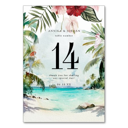 Tropical Beach Floral Palm | Table Number Card | Zazzle