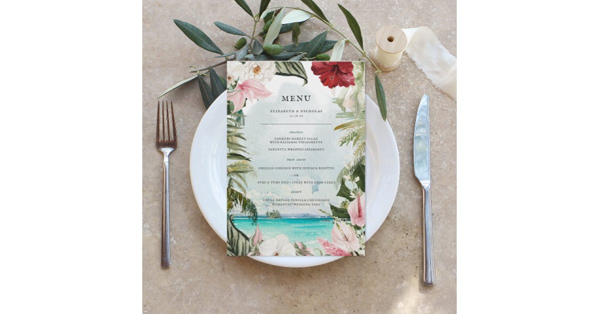 Tropical Beach Floral Palm | Wedding Menu | Zazzle