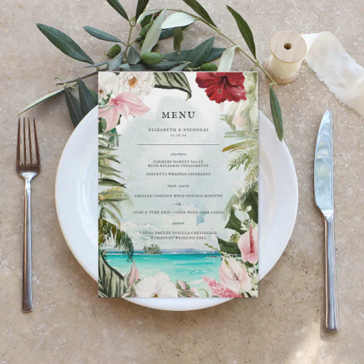 Tropical Beach Floral Palm | Wedding Menu | Zazzle