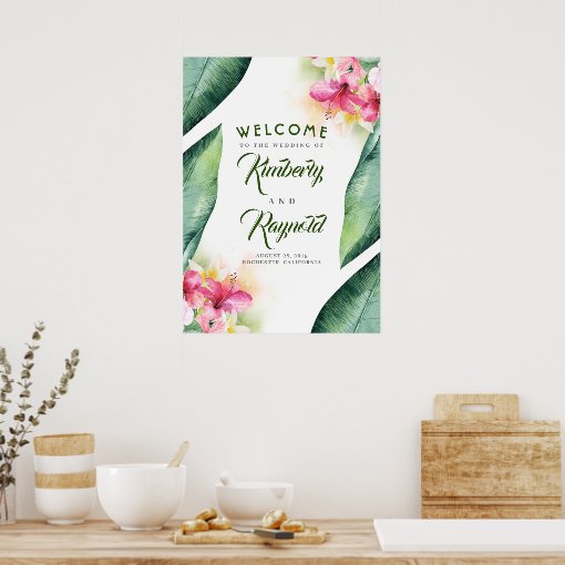 Tropical Beach Flowers and Palm Leaf Welcome Sign | Zazzle