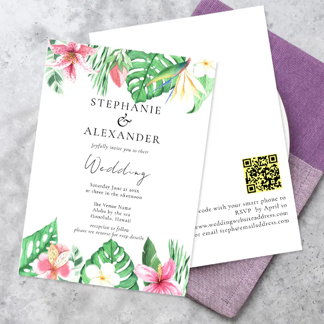 Tropical Beach Flowers QR Code Wedding Invitation | Zazzle