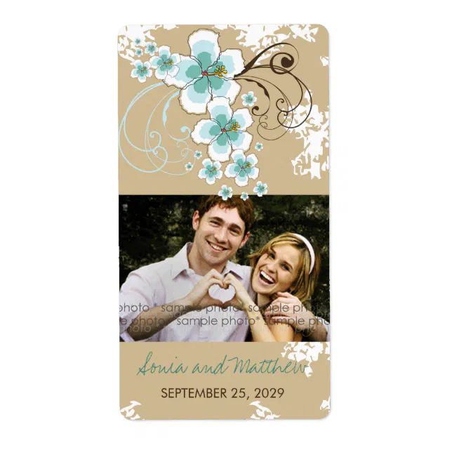 Tropical Beach Hibiscus Blue Wedding Photo Labels | Zazzle