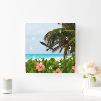 Tropical Beach Hibiscus Palm Tree Wall Clock | Zazzle