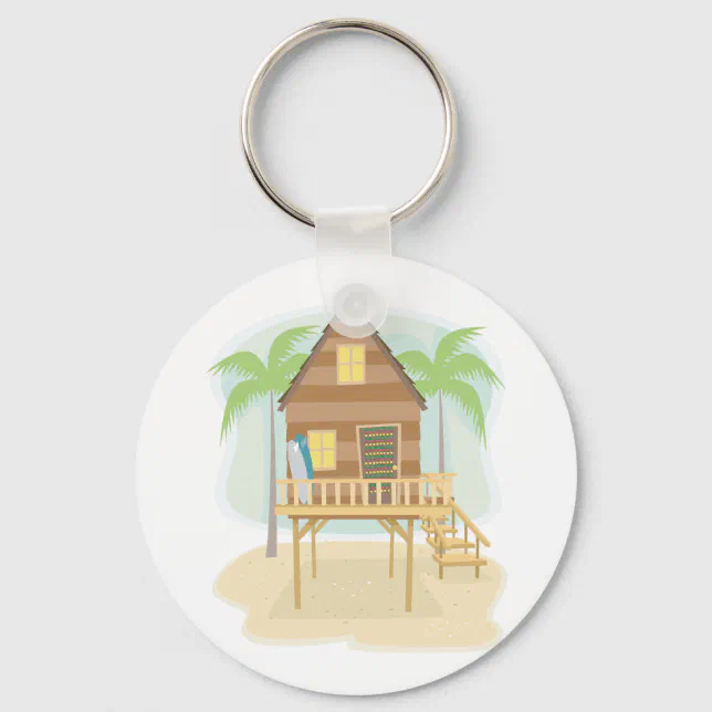 Tropical Beach Hut Surfboards and Palm Trees Keychain | Zazzle