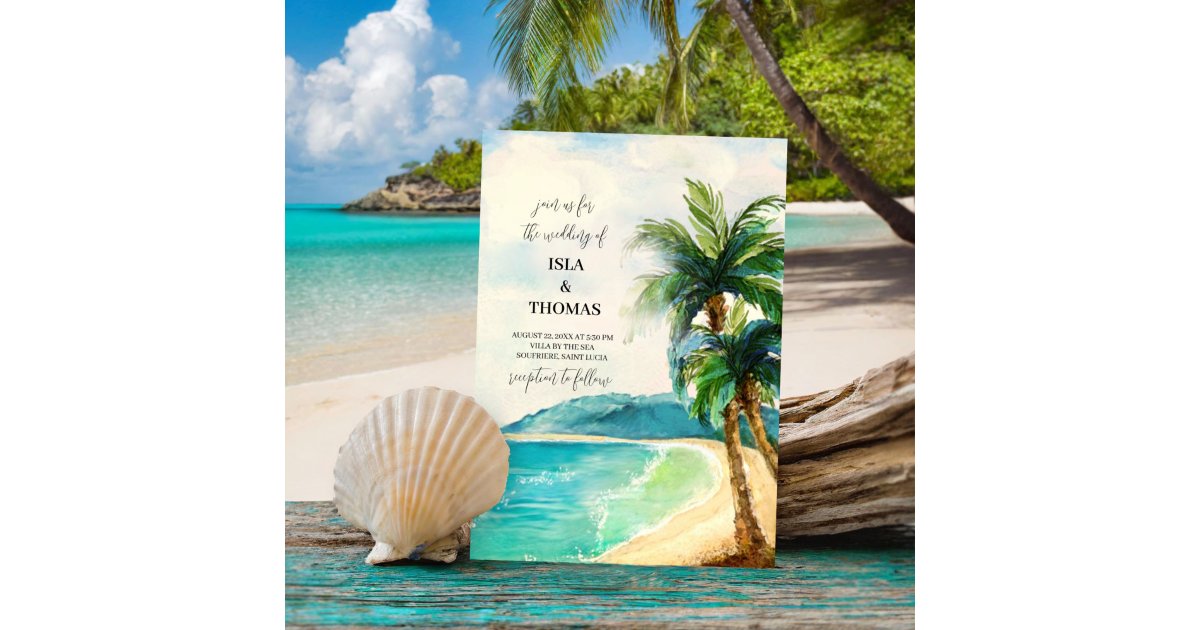 Tropical Beach Lagoon Palm Paradise Wedding Invitation | Zazzle