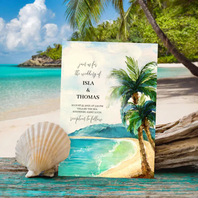 Tropical Beach Lagoon Palm Paradise Wedding Invitation | Zazzle