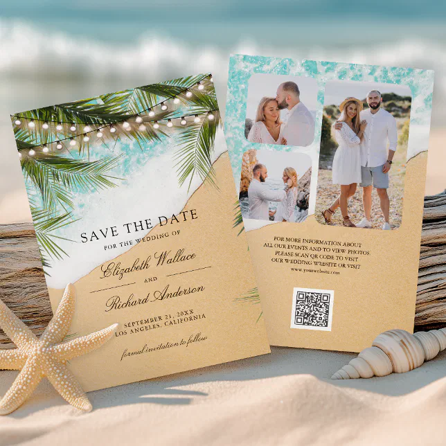 Tropical Beach Lights Photo QR Code Wedding Save The Date | Zazzle