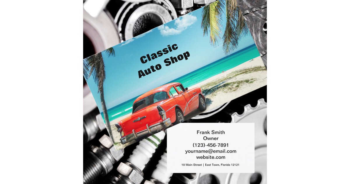 Tropical Beach Mechanic Classic Car Business Card | Zazzle