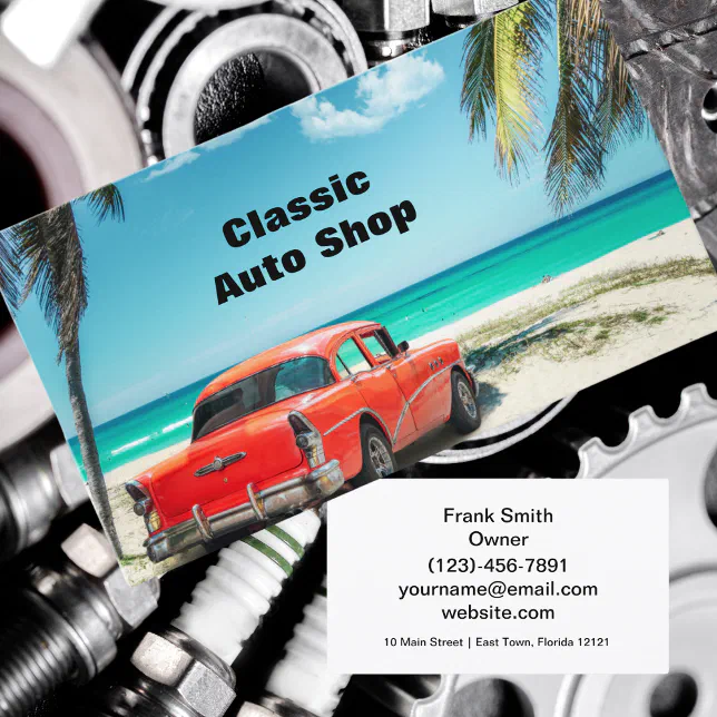 Tropical Beach Mechanic Classic Car Business Card | Zazzle