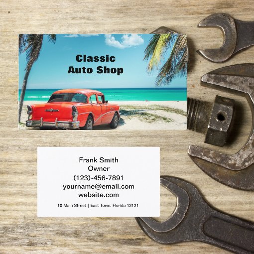 Tropical Beach Mechanic Classic Car Business Card | Zazzle