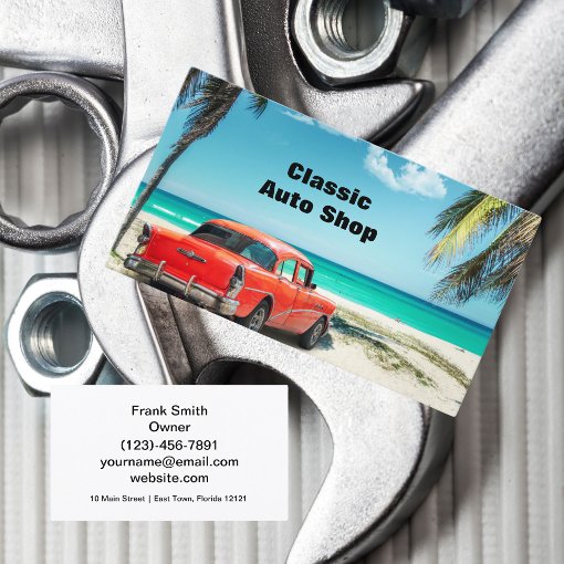 Tropical Beach Mechanic Classic Car Business Card | Zazzle