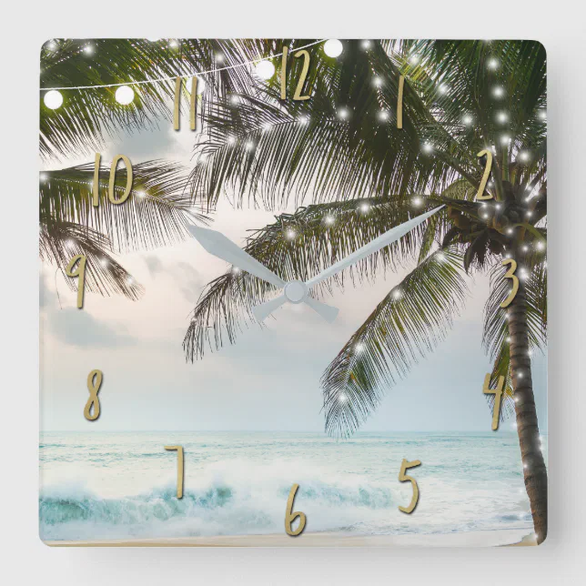 Tropical Beach Ocean Palm Trees & Lights Square Wall Clock | Zazzle