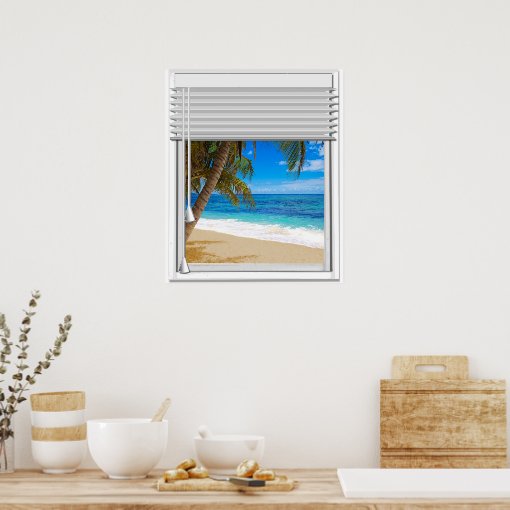 Tropical Beach Ocean View Fake Window With Blinds Poster | Zazzle