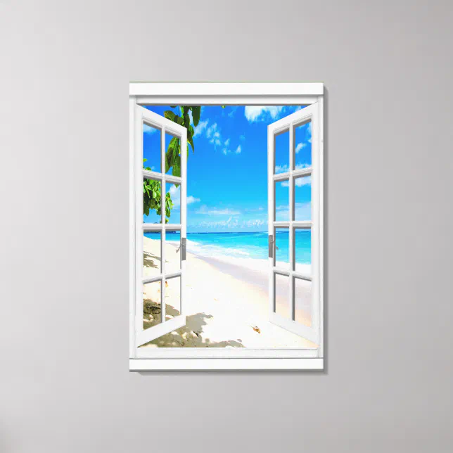 Tropical Beach Ocean View Faux Window Canvas Print | Zazzle