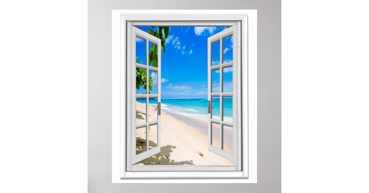 Tropical Beach Ocean View Faux Window Poster | Zazzle