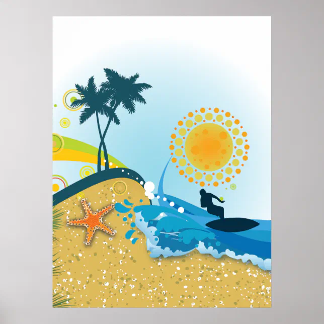 Tropical beach, ocean with surfer poster print | Zazzle