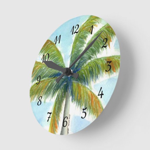 Tropical Beach palm tree on a sunny day Round Clock | Zazzle