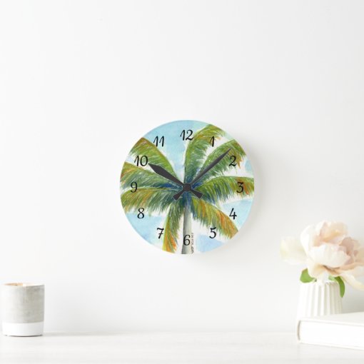 Tropical Beach palm tree on a sunny day Round Clock | Zazzle