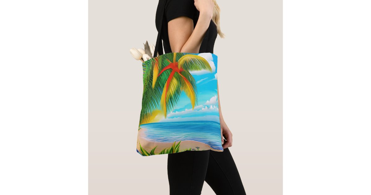 Tropical Beach Palm Tree Scene Tote Bag | Zazzle