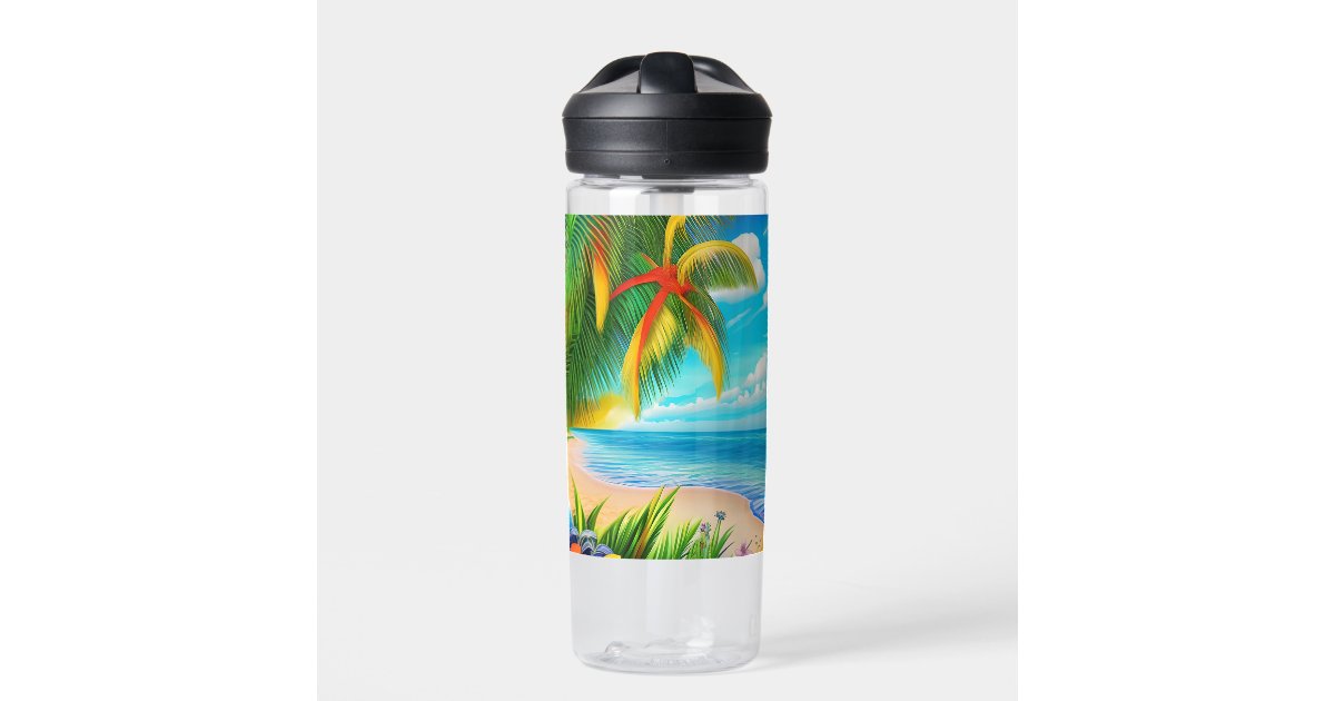 Tropical Beach Palm Tree Scene Water Bottle | Zazzle