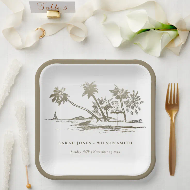 Tropical Beach Palm Tree Sketch Pale Gold Wedding Paper Plates | Zazzle