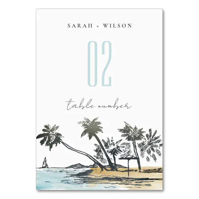 Tropical Beach Palm Tree Sketch Wedding Watercolor Table Number | Zazzle