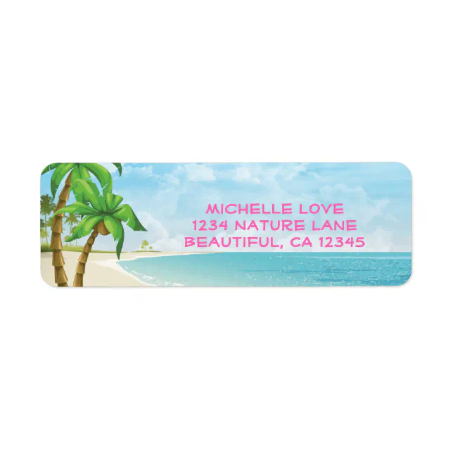 Tropical Beach, Palm Trees and Pink Text Address Label | Zazzle