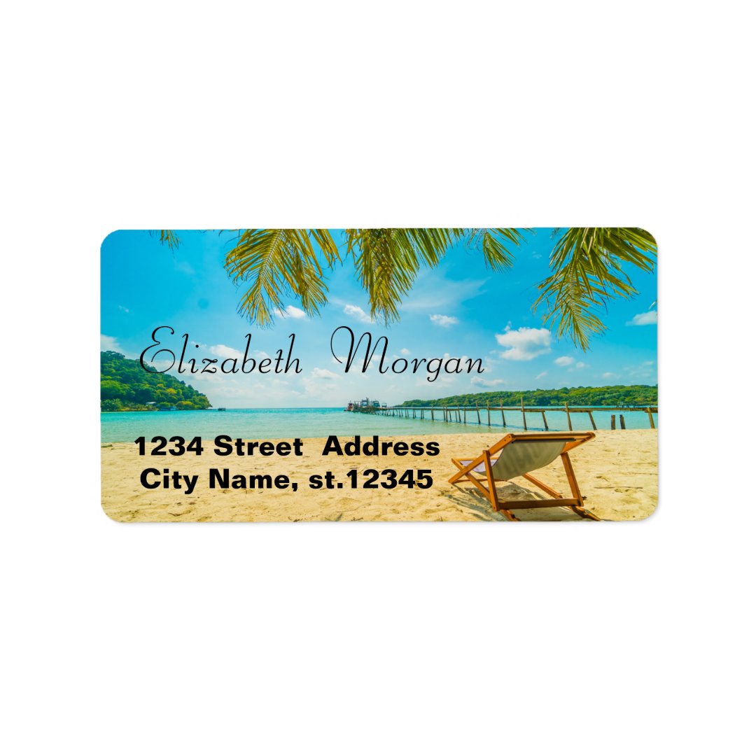 Tropical Beach,Palms,Chair,Relax Label | Zazzle