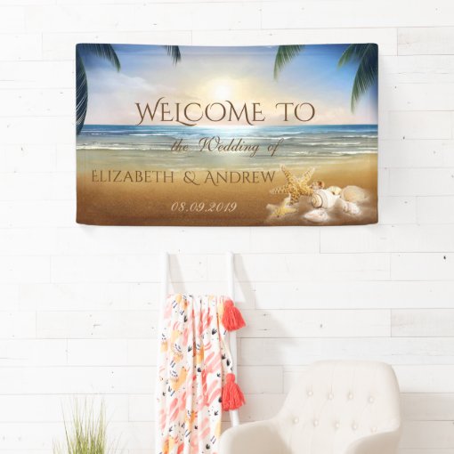 Tropical Beach,Palms, Seashells Wedding Banner | Zazzle