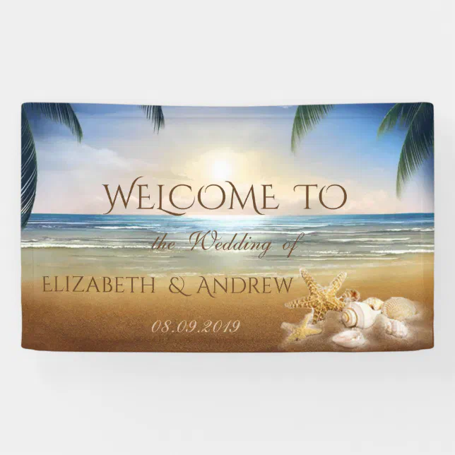 Tropical Beach,Palms, Seashells Wedding Banner | Zazzle
