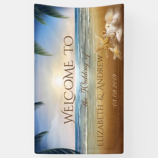 Tropical Beach,Palms, Seashells Wedding Banner | Zazzle