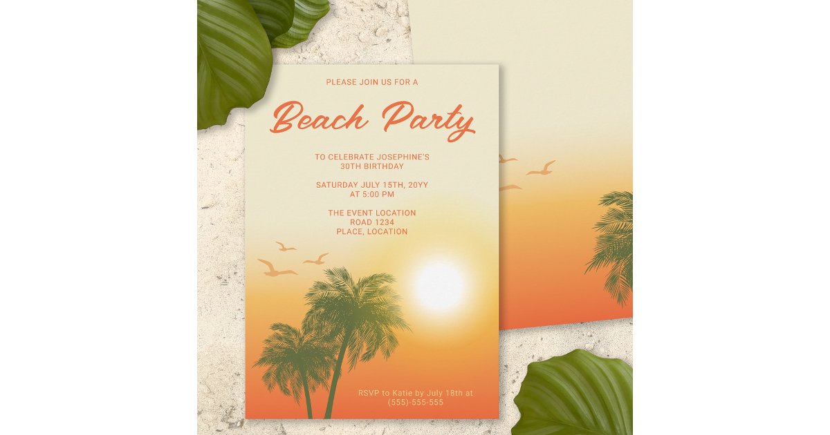 Tropical Beach Party Sunset Palm Trees Birthday Invitation | Zazzle