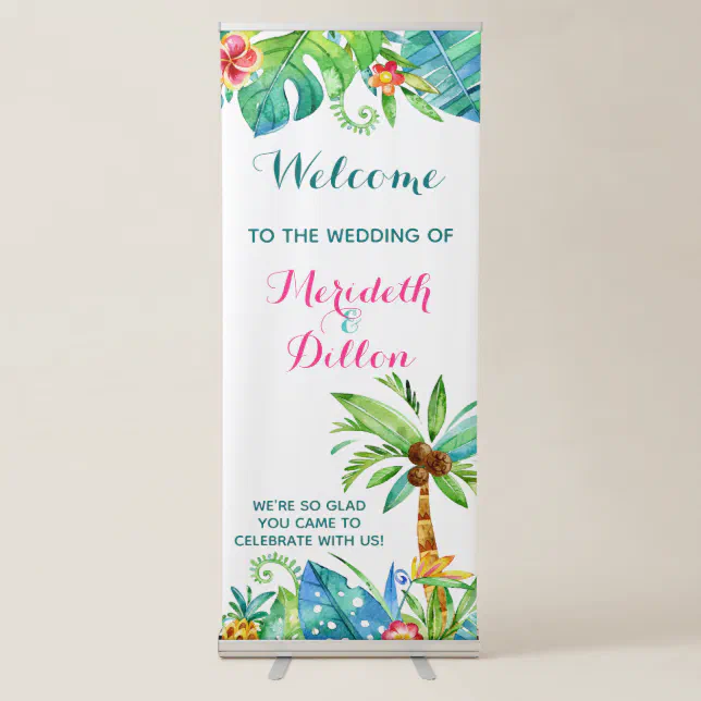 Tropical Beach Pink Teal Floral Wedding Welcome Retractable Banner | Zazzle