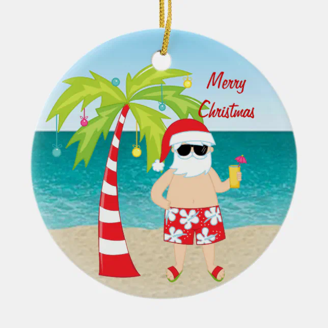 Tropical Beach Santa Palm Tree Christmas Ornament | Zazzle