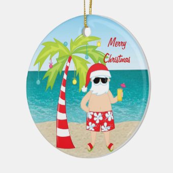 Tropical Beach Santa Palm Tree Christmas Ornament | Zazzle