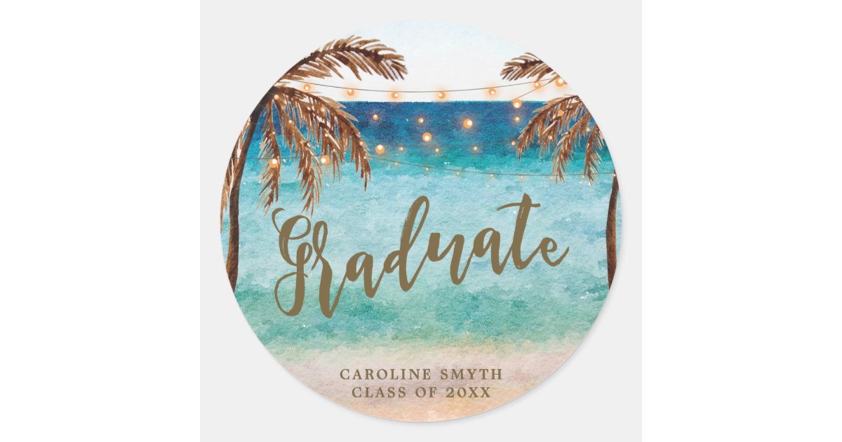 tropical beach scene graduation favors sticker | Zazzle
