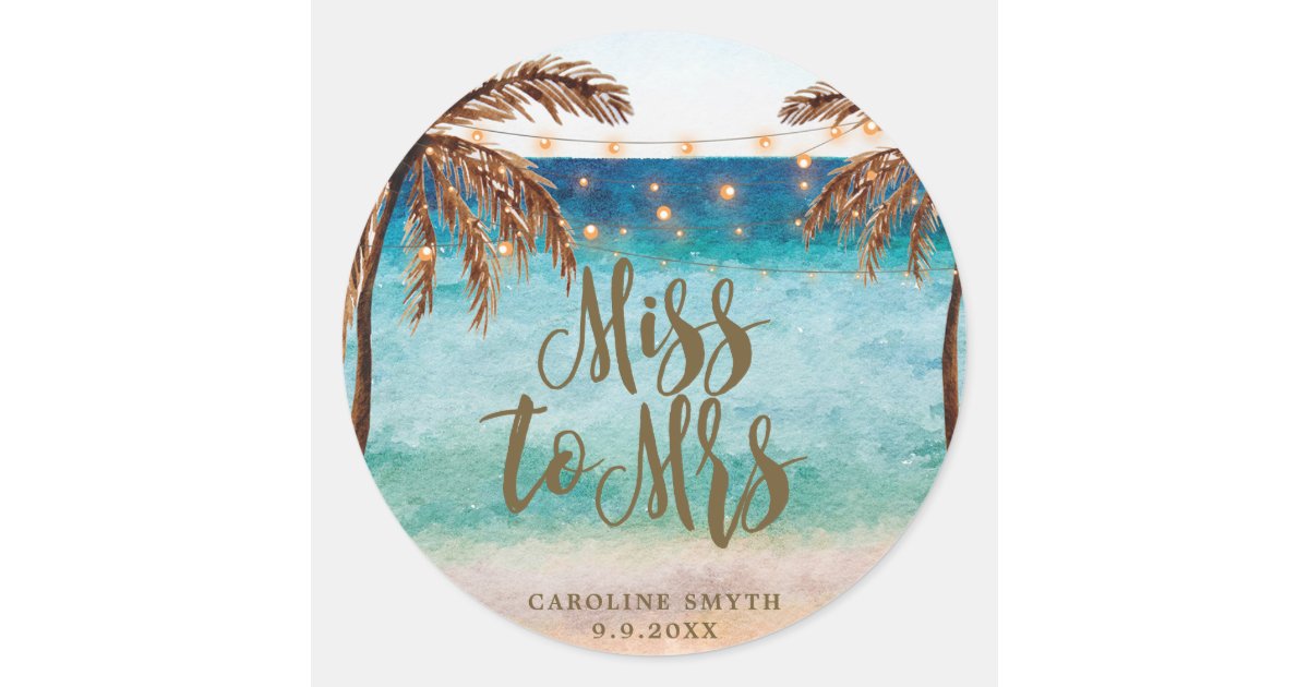 tropical beach scene miss to mrs favors sticker | Zazzle